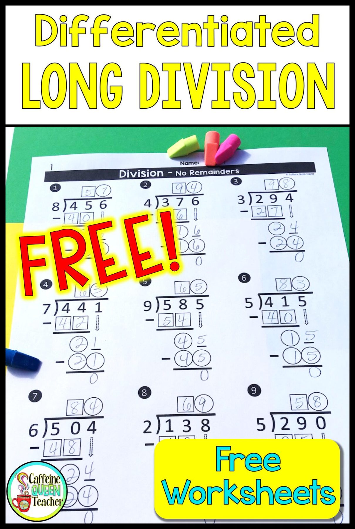 Differentiated Long Division Worksheets for FREE - Caffeine Queen Teacher