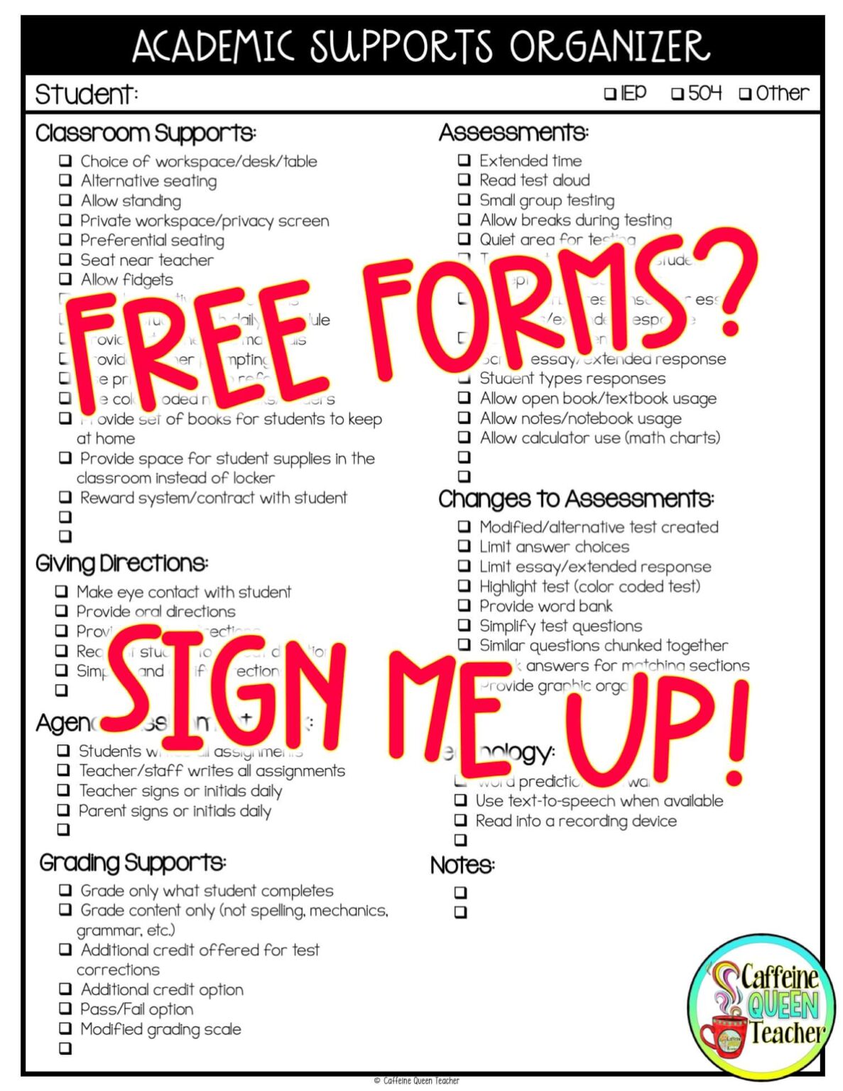 Special Education Accommodation IEP Checklist for Teachers - Caffeine ...
