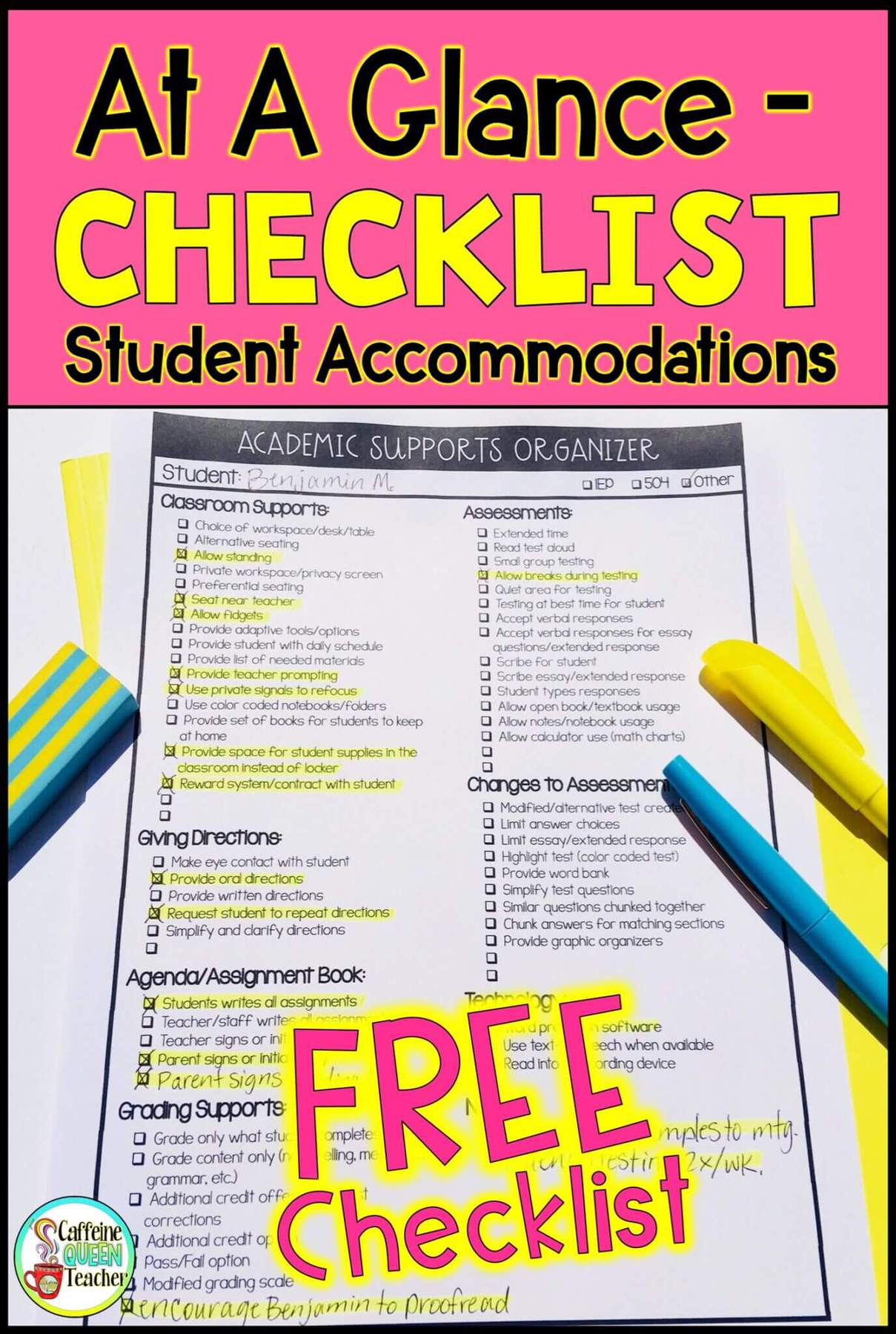 Special Education Accommodation IEP Checklist for Teachers - Caffeine ...